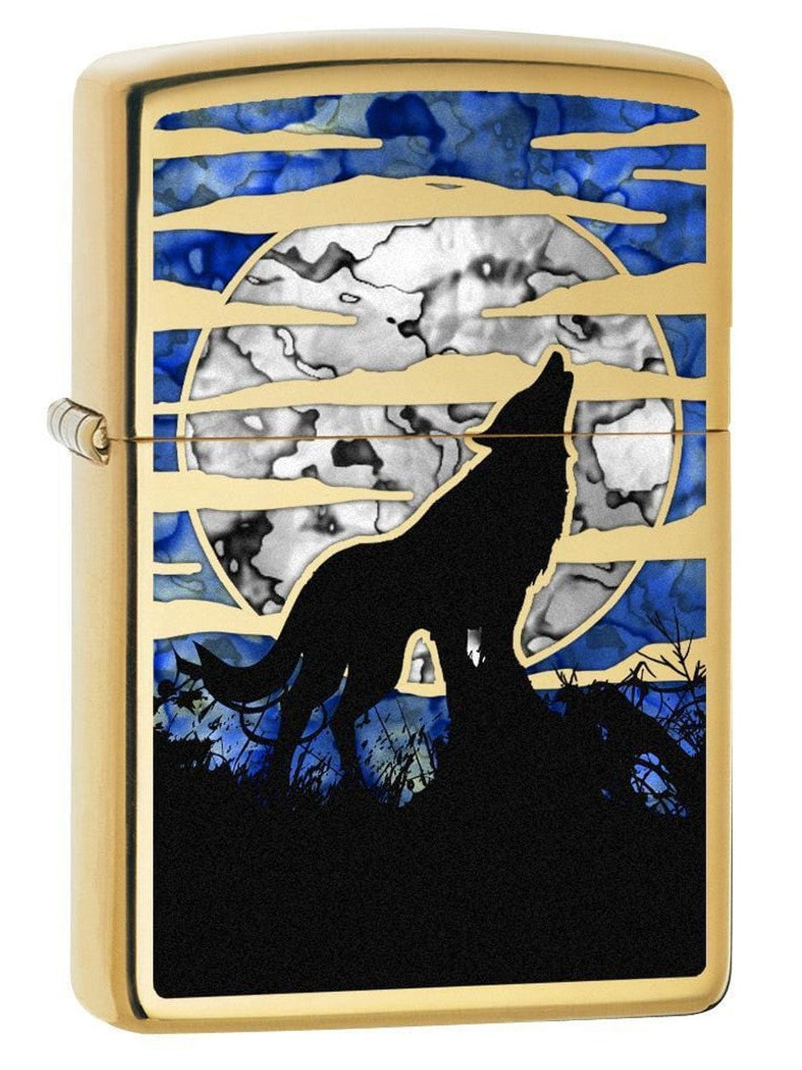Zippo Lighter: Fusion Wolf Howling at the Moon - High Polish Brass 783 ...