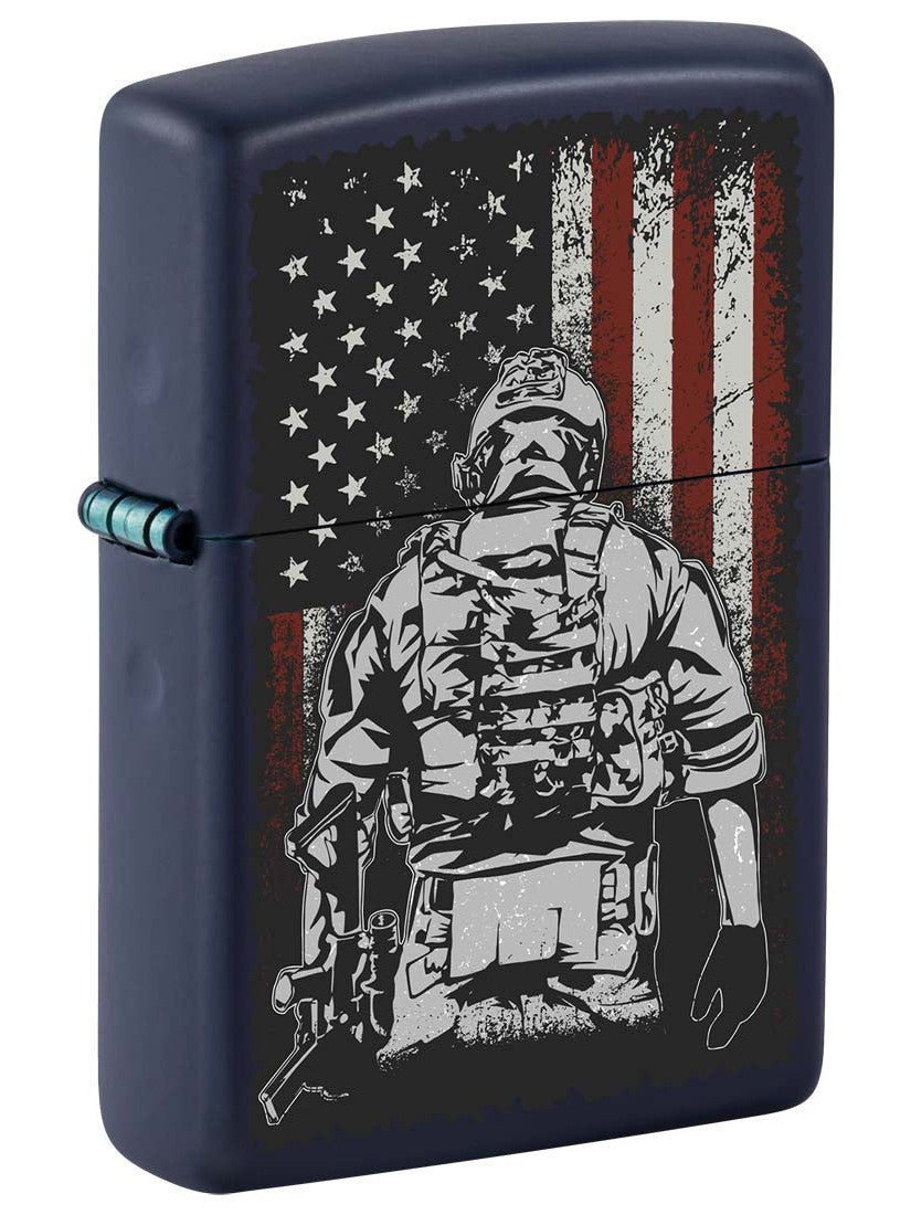 Zippo Lighter: Soldier and American Flag - Navy Blue Matte 81297 ...