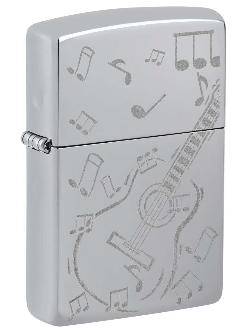 Zippo Lighter: Guitar and Music Notes, Engraved - High Polish Chrome 8 ...